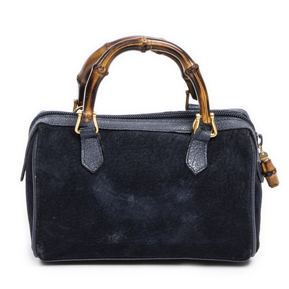 Gucci | Bags | Gucci Mini Boston Bamboo Handle In Navy Blue Suede ...